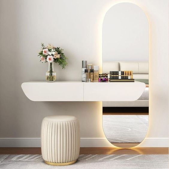 Space saving Wall-Mounted Dressing Table with Ottoman Stool Hidden Sto ...