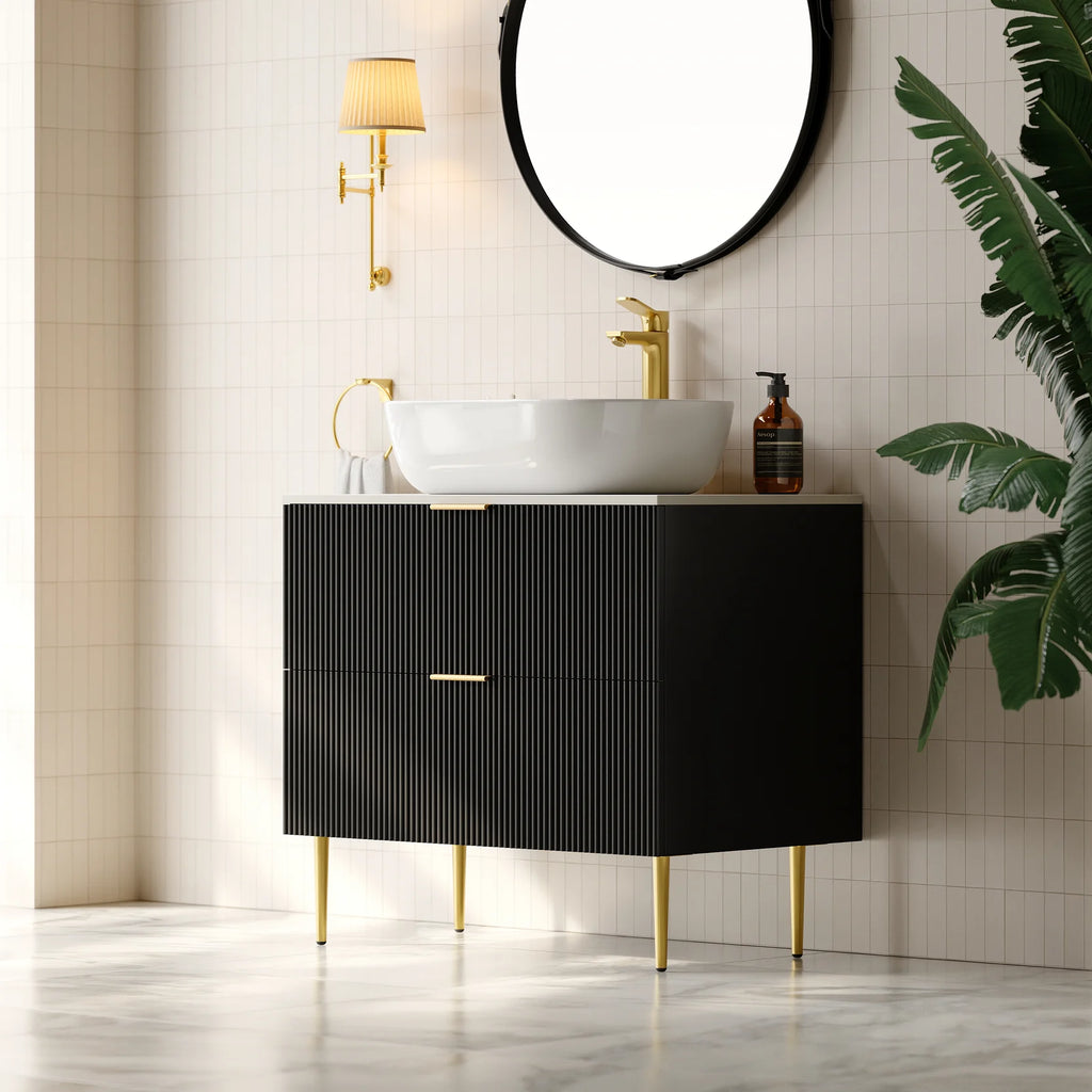 Black Single Fluted Bathroom Vanity With Vessel Sink And 2 Drawers ...