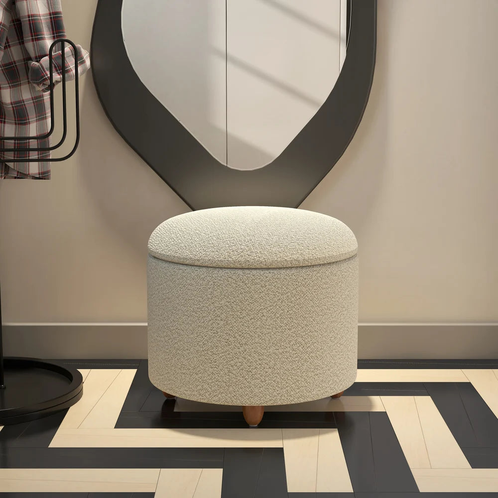 Modern White Boucle Vanity Stool With Lifted Top Storage Round Ottoman ...