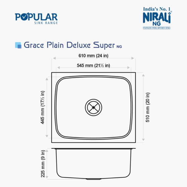 Nirali Grace Plain Deluxe Stainless Steel Single Bowl Kitchen Sink in ...
