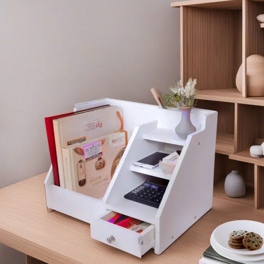 Multi Use Desktop Stationery Organizer Box with Drawer Rack (White) By ...
