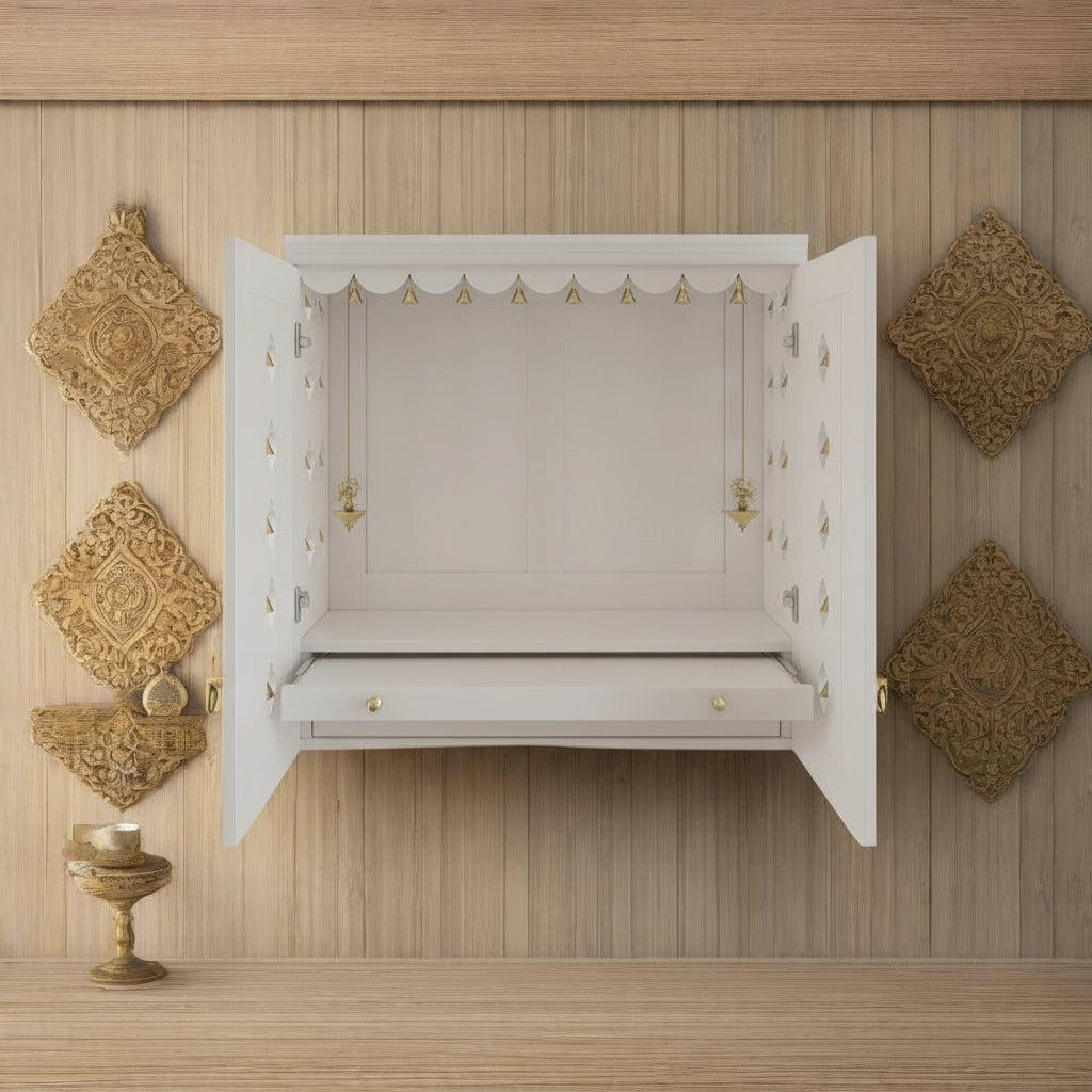 Compact Harmony: Wall-Mounted Puja Shelf With Symbolic Tree Design ...