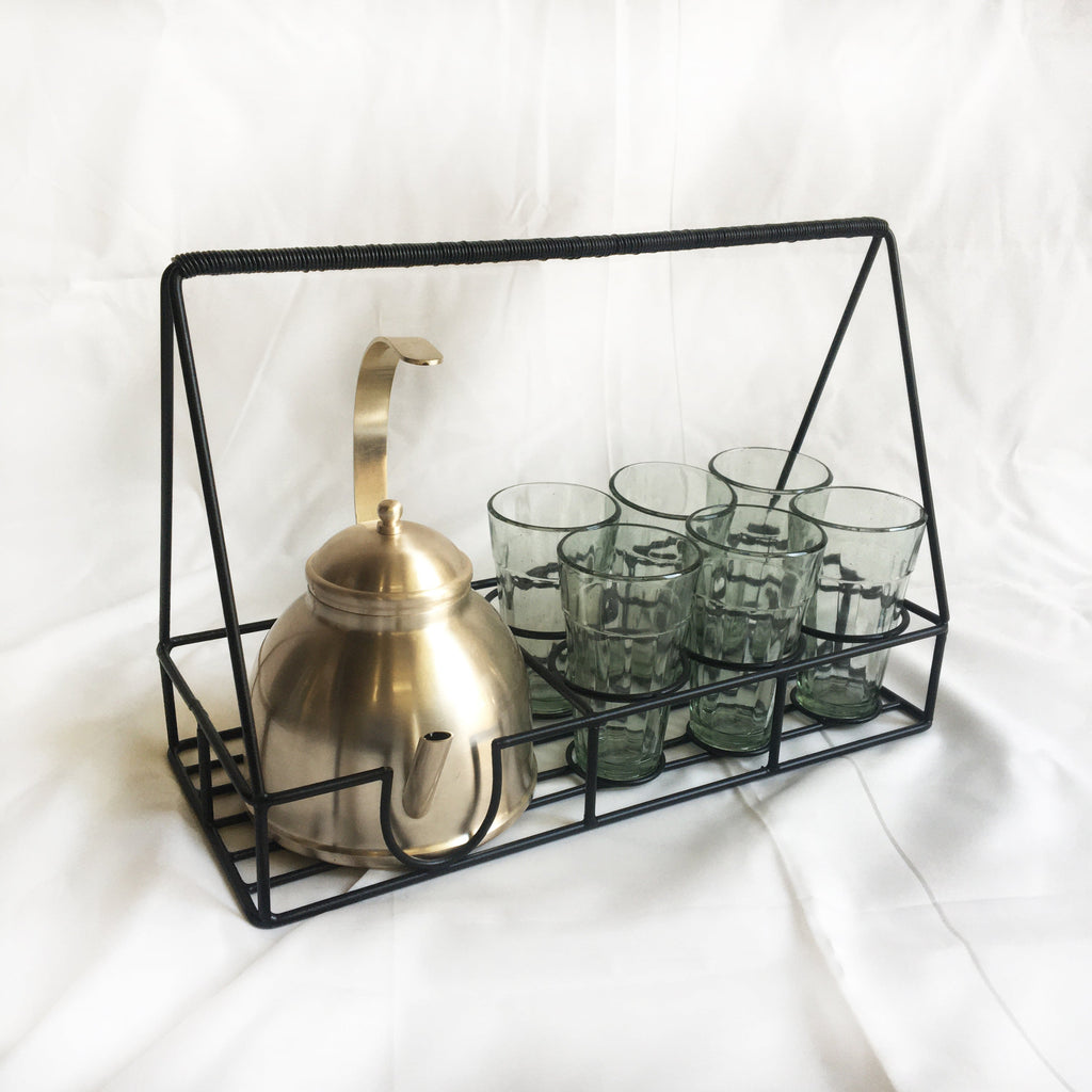 Stainless Steel In Beige Gold Finish Desi Tea Set with Kettle & 6 Glas ...