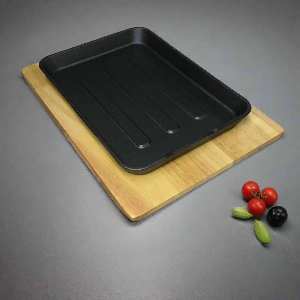 Rectangular Grill Cast Iron Sizzler Plate With Wooden Base | MK ...